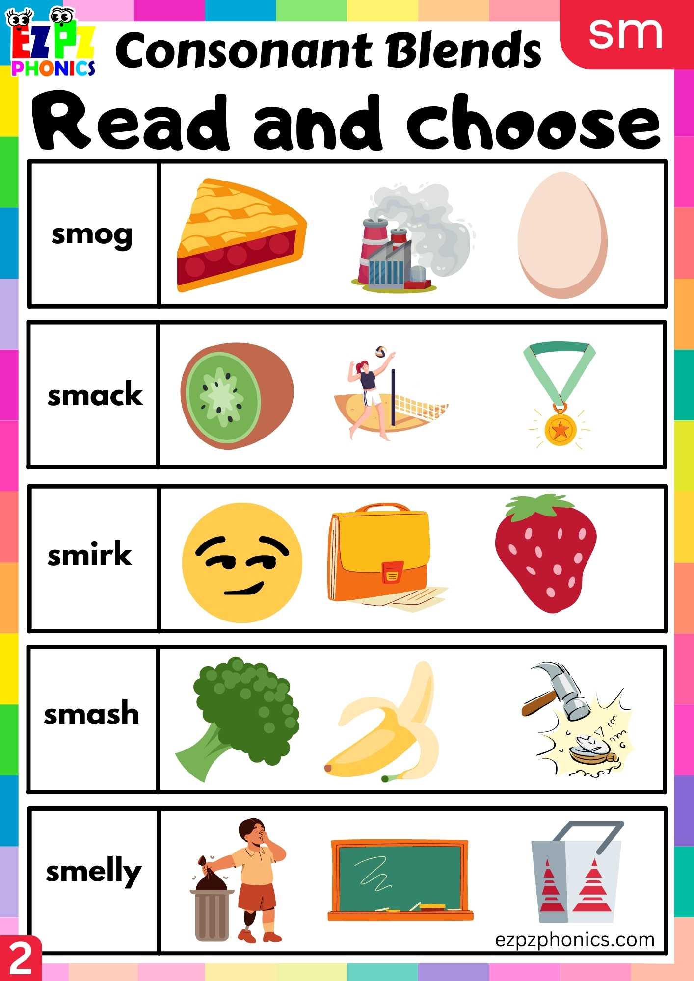 Group2 Sm Words Read And Choose Phonics Consonant Blends Worksheet